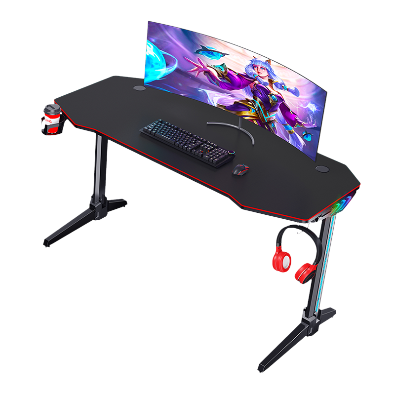 I-Shaped Carbon Fiber Computer Table RGB Light Desktop Black Gaming ...